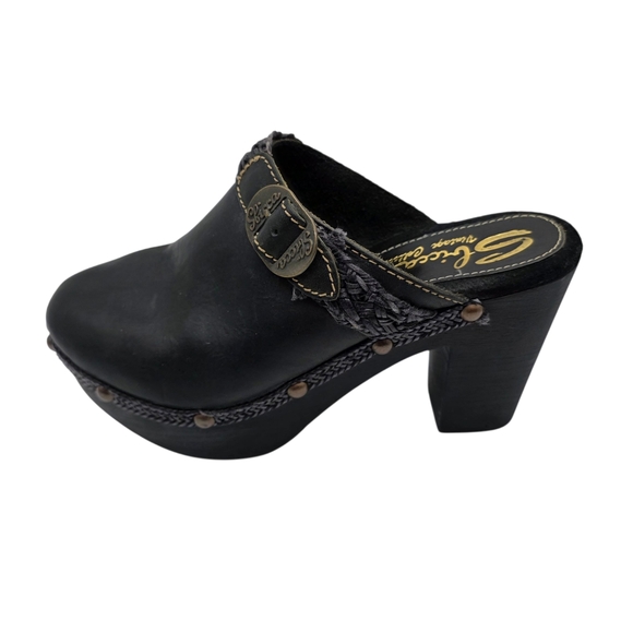 Sbicca | Shoes | Sbicca Retro Black Studded Braided Buckle Heeled Clogs ...